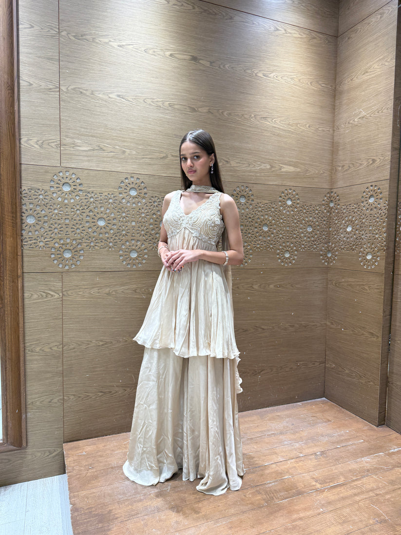 Cream Layered Indo-Western Set with Subtle Sequin and Thread Work ...